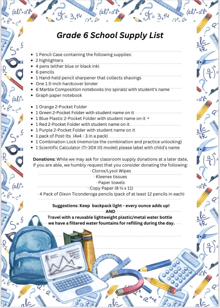 Grade 6 Supply List – Dock Street School